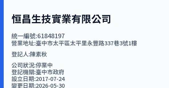 恒昌生技實業有限公司的照片-統編 61848197(臺中市) 公司登記資料與營業項目詳細圖表