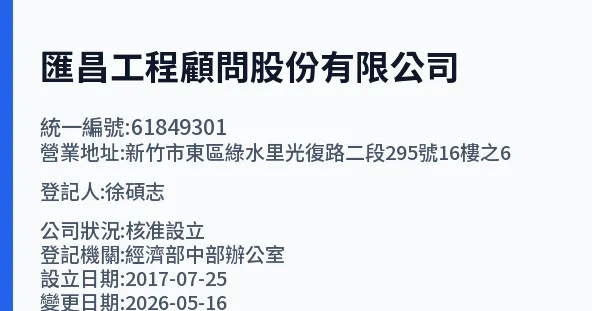 匯昌工程顧問股份有限公司的照片-統編 61849301(新竹市) 公司登記資料與營業項目詳細圖表