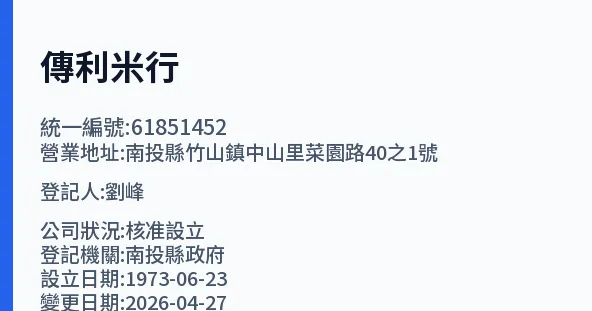 傳利米行的照片-統編 61851452(南投縣) 公司登記資料與營業項目詳細圖表