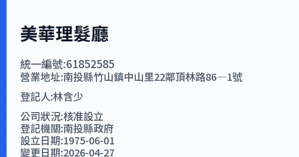 美華理髮廳的照片-統編 61852585(南投縣) 公司登記資料與營業項目詳細圖表