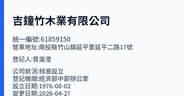 吉鐘竹木業有限公司的照片-統編 61859150(南投縣) 公司登記資料與營業項目詳細圖表