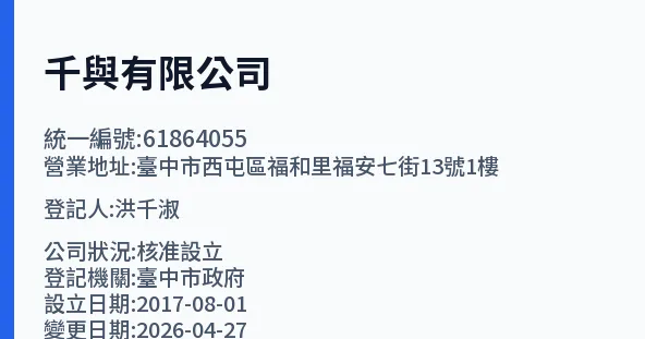 千與有限公司的照片-統編 61864055(臺中市) 公司登記資料與營業項目詳細圖表