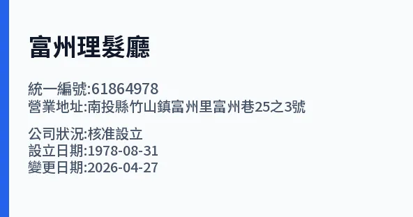 富州理髮廳的照片-統編 61864978(南投縣) 公司登記資料與營業項目詳細圖表