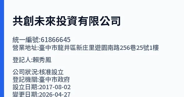 共創未來投資有限公司的照片-統編 61866645(臺中市) 公司登記資料與營業項目詳細圖表