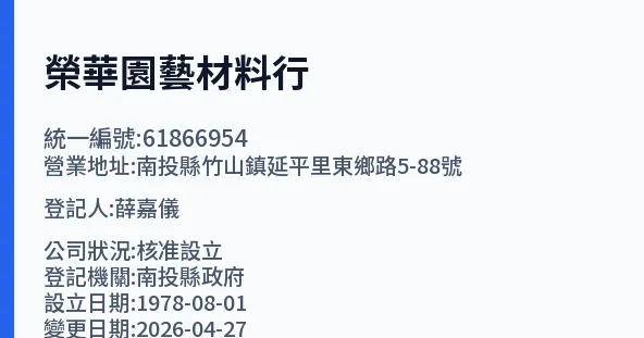 榮華園藝材料行的照片-統編 61866954(南投縣) 公司登記資料與營業項目詳細圖表