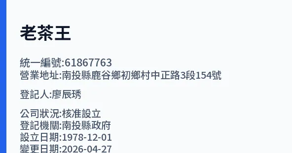 老茶王的照片-統編 61867763(南投縣) 公司登記資料與營業項目詳細圖表