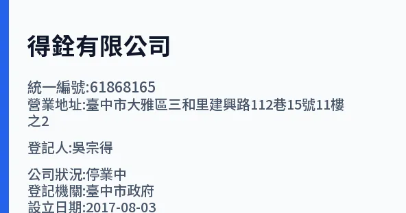 得銓有限公司的照片-統編 61868165(臺中市) 公司登記資料與營業項目詳細圖表