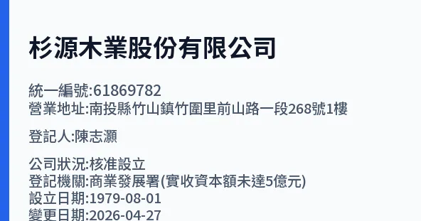 杉源木業股份有限公司的照片-統編 61869782(南投縣) 公司登記資料與營業項目詳細圖表
