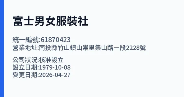 富士男女服裝社的照片-統編 61870423(南投縣) 公司登記資料與營業項目詳細圖表