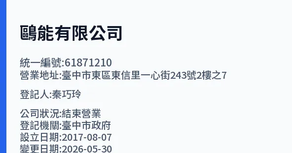 鷗能有限公司的照片-統編 61871210(臺中市) 公司登記資料與營業項目詳細圖表