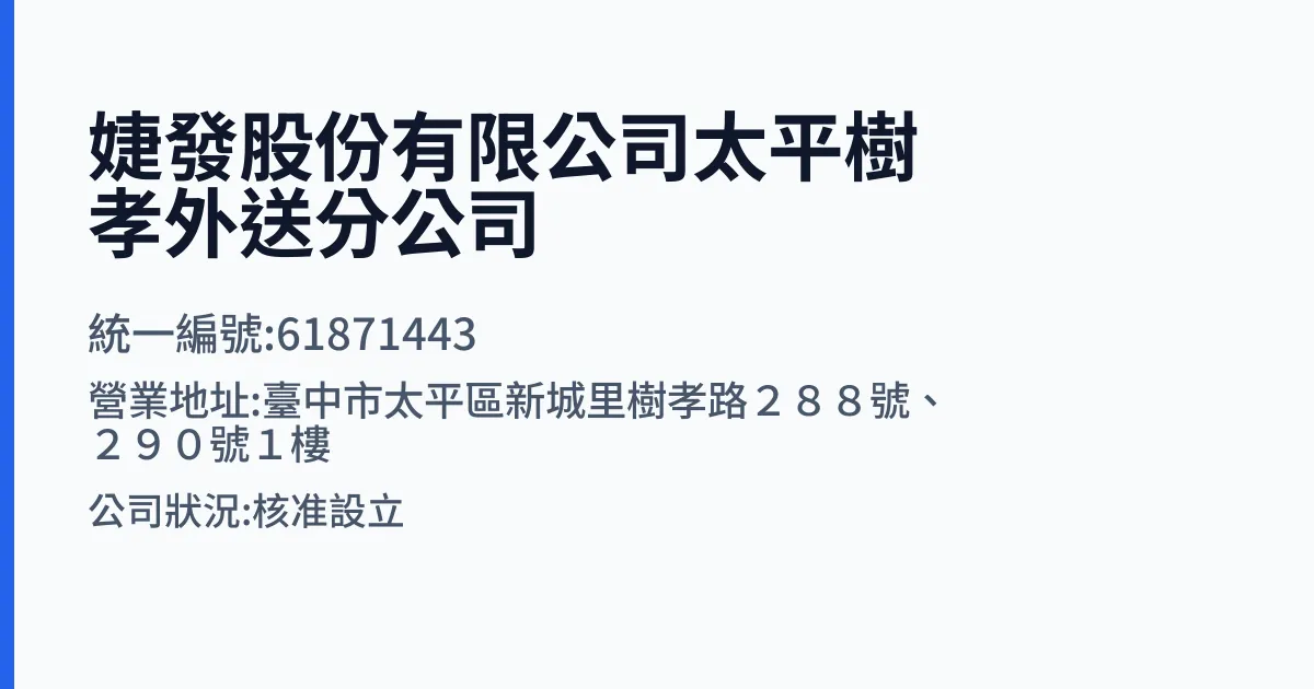 婕發股份有限公司太平樹孝外送分公司 - 統編 61871443(臺中市) 公司登記資料與營業項目詳細圖表