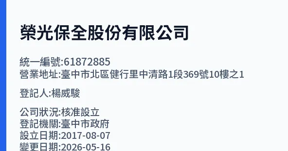 榮光保全股份有限公司的照片-統編 61872885(臺中市) 公司登記資料與營業項目詳細圖表