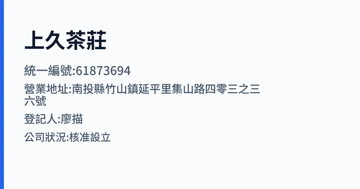 上久茶莊 - 統編 61873694(南投縣) 公司登記資料與營業項目詳細圖表