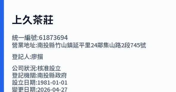 上久茶莊的照片-統編 61873694(南投縣) 公司登記資料與營業項目詳細圖表