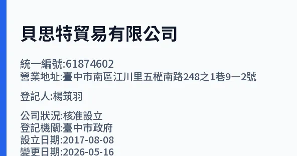 貝思特貿易有限公司的照片-統編 61874602(臺中市) 公司登記資料與營業項目詳細圖表