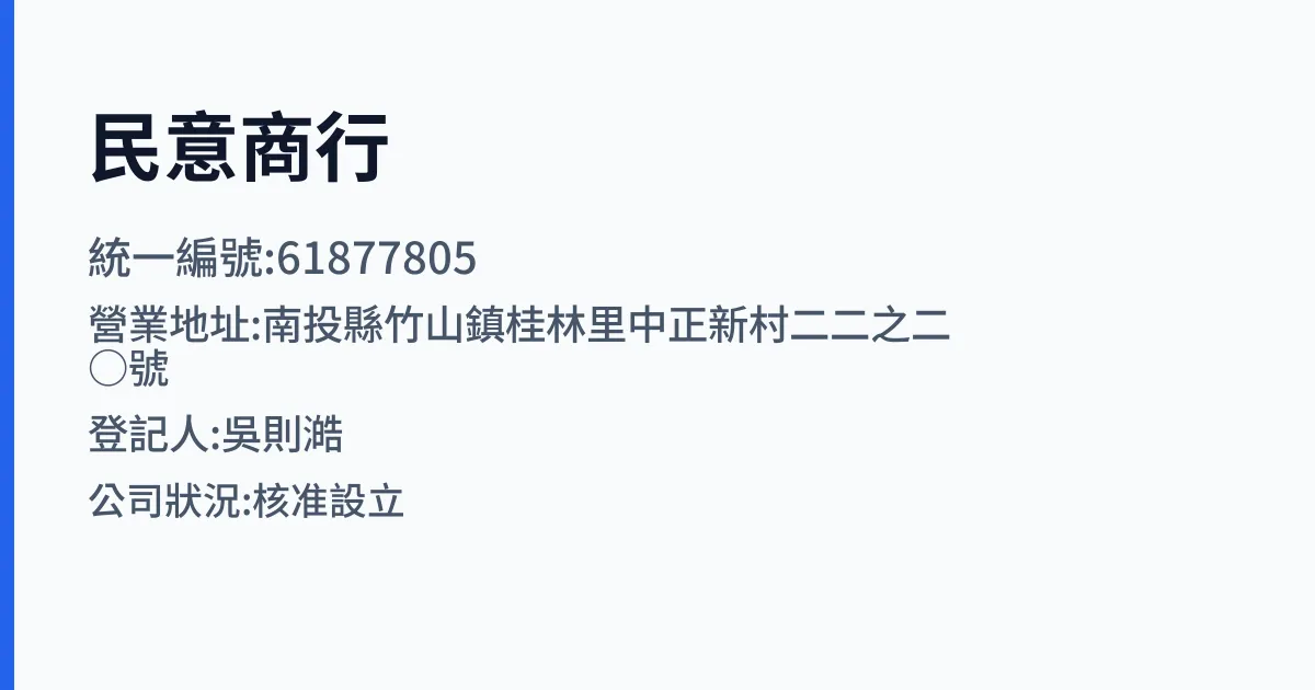 民意商行 - 統編 61877805(南投縣) 公司登記資料與營業項目詳細圖表