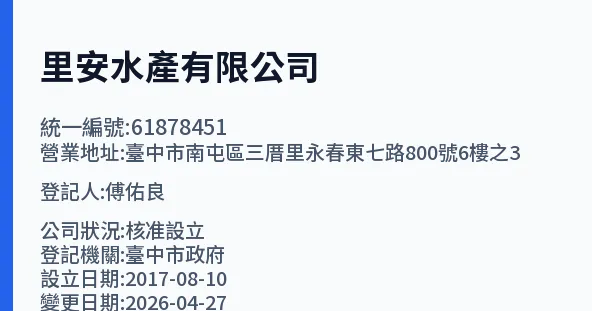 里安水產有限公司的照片-統編 61878451(臺中市) 公司登記資料與營業項目詳細圖表