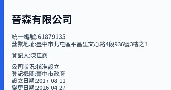 晉森有限公司的照片-統編 61879135(臺中市) 公司登記資料與營業項目詳細圖表