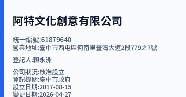 阿特文化創意有限公司的照片-統編 61879640(臺中市) 公司登記資料與營業項目詳細圖表