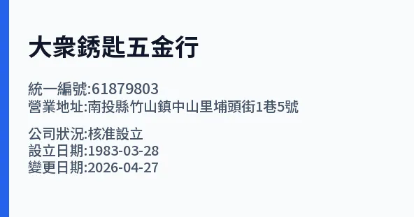 大衆銹匙五金行的照片-統編 61879803(南投縣) 公司登記資料與營業項目詳細圖表