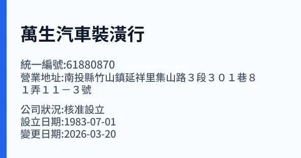萬生汽車裝潢行 - 統編 61880870(南投縣) 公司登記資料與營業項目詳細圖表