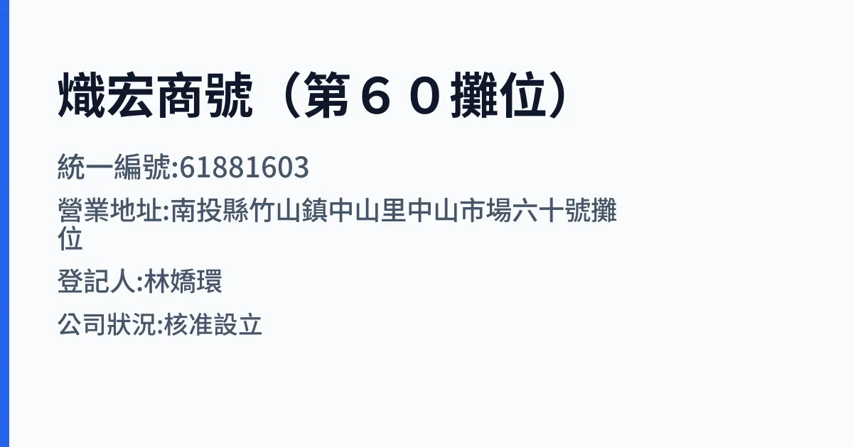 熾宏商號（第６０攤位） - 統編 61881603(南投縣) 公司登記資料與營業項目詳細圖表