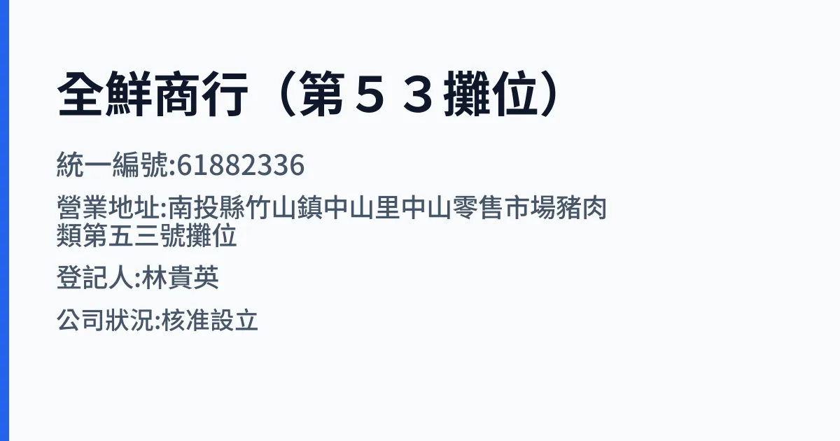 全鮮商行（第５３攤位） - 統編 61882336(南投縣) 公司登記資料與營業項目詳細圖表