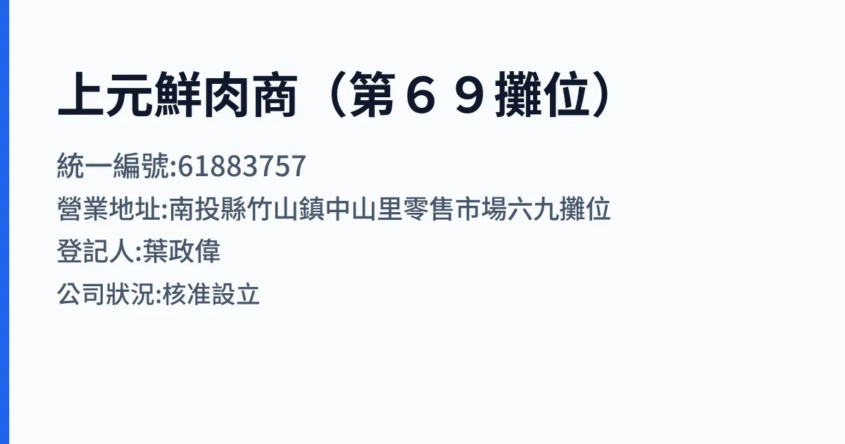 上元鮮肉商(第69攤位) - 統編 61883757(南投縣) 公司登記資料與營業項目詳細圖表
