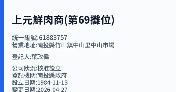 上元鮮肉商(第69攤位)的照片-統編 61883757(南投縣) 公司登記資料與營業項目詳細圖表