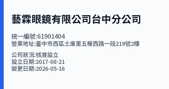 藝霖眼鏡有限公司台中分公司的照片-統編 61901404(臺中市) 公司登記資料與營業項目詳細圖表