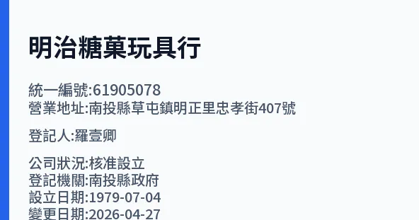 明治糖菓玩具行的照片-統編 61905078(南投縣) 公司登記資料與營業項目詳細圖表