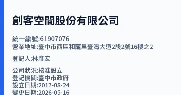 創客空間股份有限公司的照片-統編 61907076(臺中市) 公司登記資料與營業項目詳細圖表