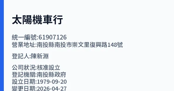 太陽機車行的照片-統編 61907126(南投縣) 公司登記資料與營業項目詳細圖表