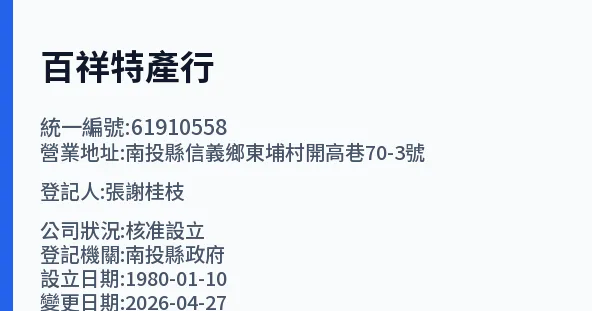 百祥特產行的照片-統編 61910558(南投縣) 公司登記資料與營業項目詳細圖表