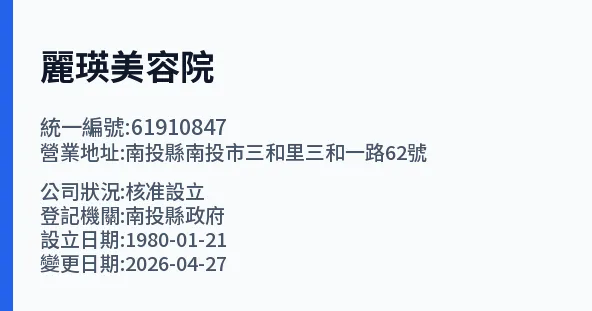 麗瑛美容院的照片-統編 61910847(南投縣) 公司登記資料與營業項目詳細圖表