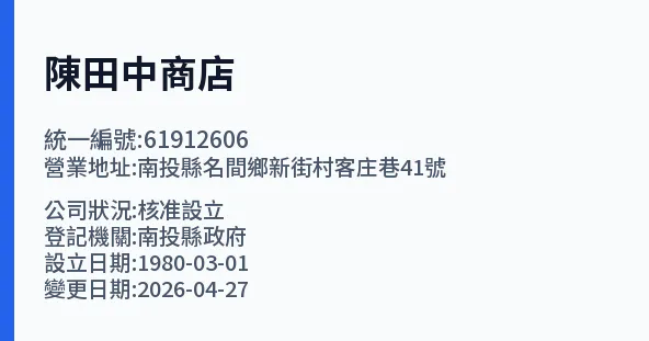 陳田中商店的照片-統編 61912606(南投縣) 公司登記資料與營業項目詳細圖表