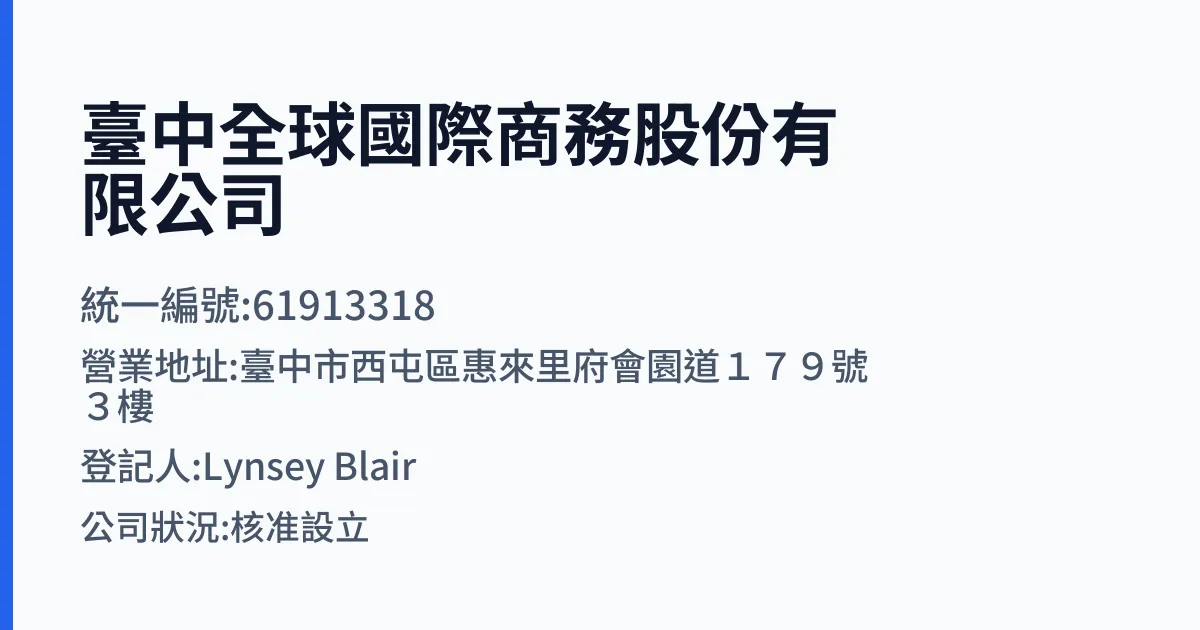 臺中全球國際商務股份有限公司 - 統編 61913318(臺中市) 公司登記資料與營業項目詳細圖表