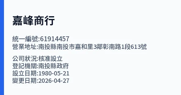 嘉峰商行的照片-統編 61914457(南投縣) 公司登記資料與營業項目詳細圖表