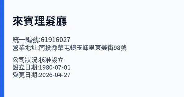 來賓理髮廳的照片-統編 61916027(南投縣) 公司登記資料與營業項目詳細圖表
