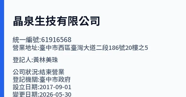 晶泉生技有限公司的照片-統編 61916568(臺中市) 公司登記資料與營業項目詳細圖表