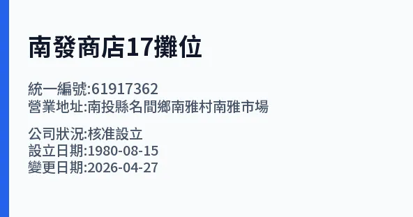 南發商店17攤位的照片-統編 61917362(南投縣) 公司登記資料與營業項目詳細圖表