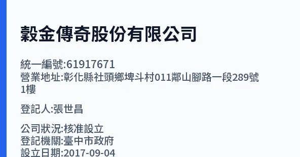 穀金傳奇股份有限公司的照片-統編 61917671(彰化縣) 公司登記資料與營業項目詳細圖表
