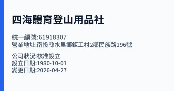 四海體育登山用品社的照片-統編 61918307(南投縣) 公司登記資料與營業項目詳細圖表
