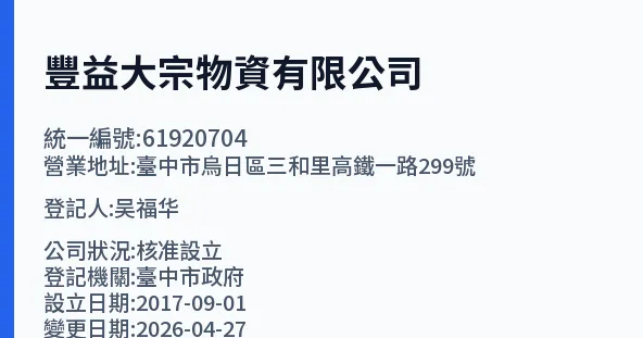 豐益大宗物資有限公司的照片-統編 61920704(臺中市) 公司登記資料與營業項目詳細圖表