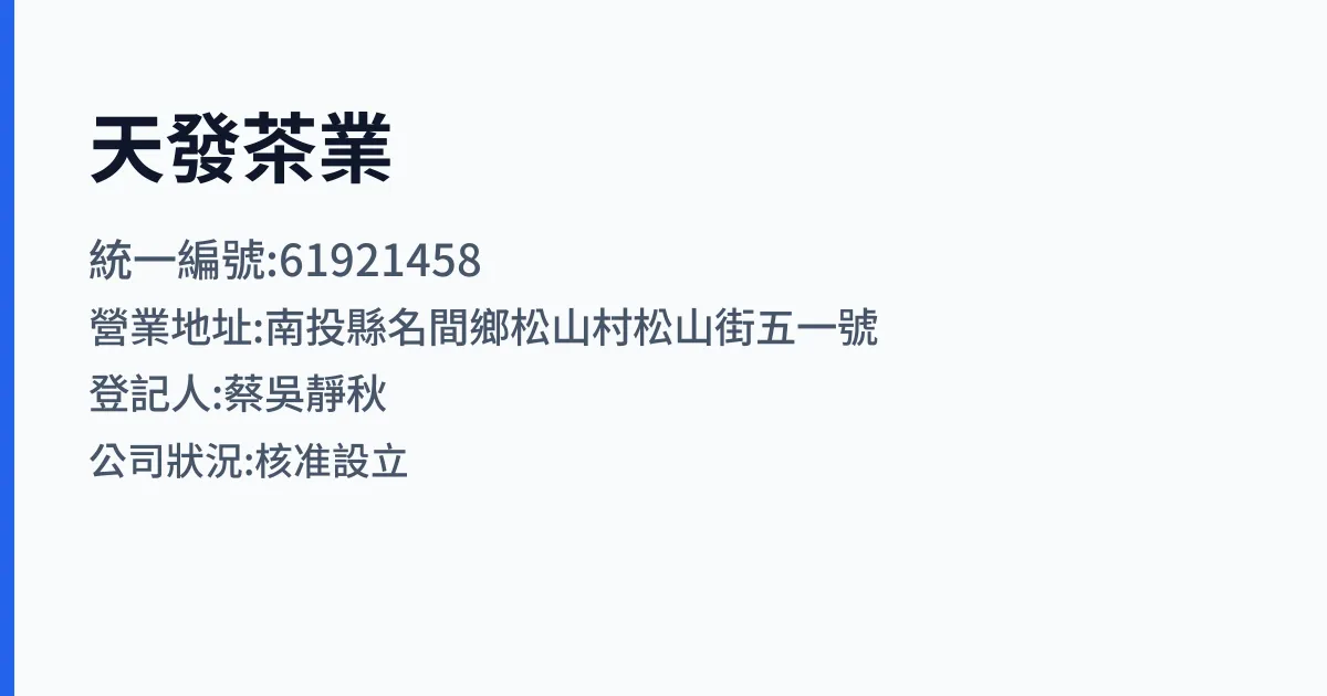 天發茶業 - 統編 61921458(南投縣) 公司登記資料與營業項目詳細圖表