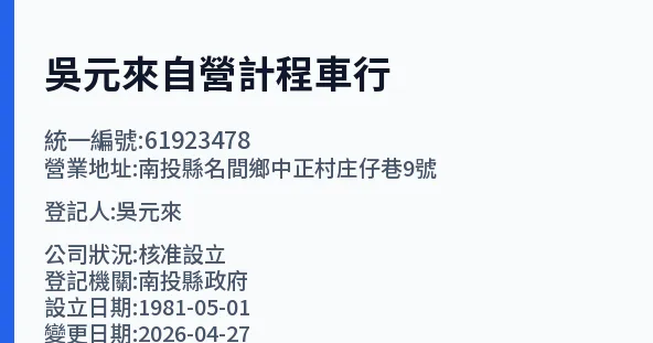 吳元來自營計程車行的照片-統編 61923478(南投縣) 公司登記資料與營業項目詳細圖表