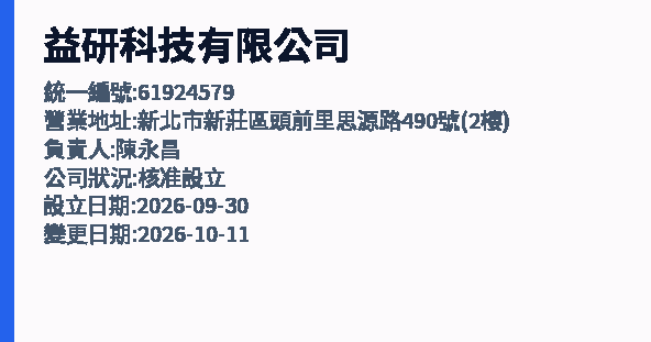 益研科技有限公司的照片-統編 61924579(新北市) 公司登記資料與營業項目詳細圖表