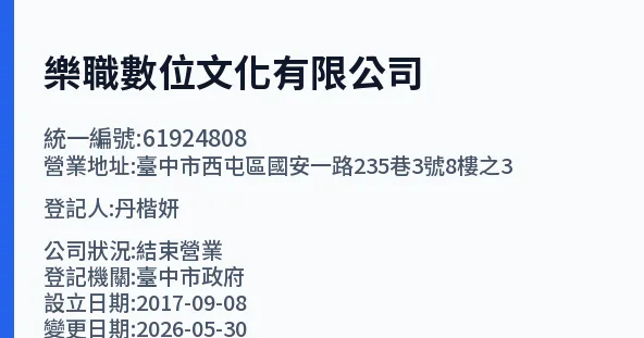 樂職數位文化有限公司的照片-統編 61924808(臺中市) 公司登記資料與營業項目詳細圖表