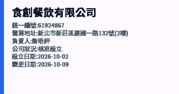 食創餐飲有限公司的照片-統編 61924867(新北市) 公司登記資料與營業項目詳細圖表