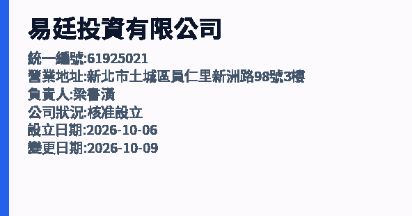 易廷投資有限公司的照片-統編 61925021(新北市) 公司登記資料與營業項目詳細圖表